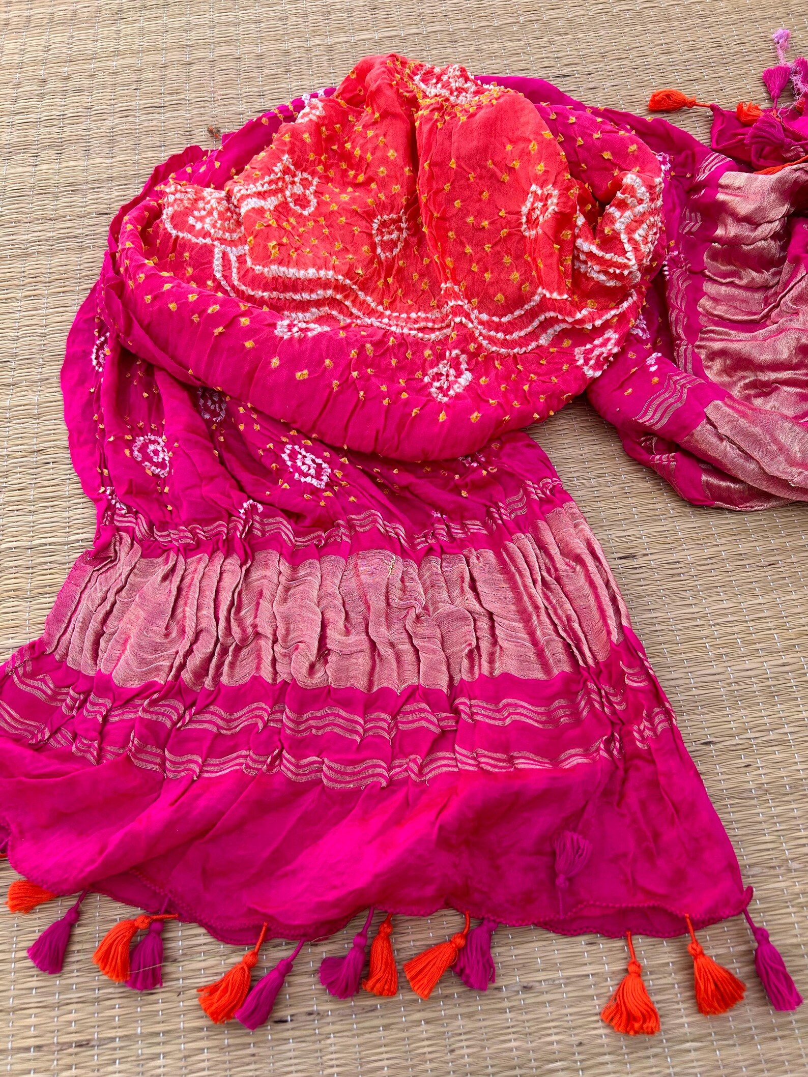 Saffron to Pink Ombre Chandrokhani Bandhani Dupatta | Pure Gaji Silk ...