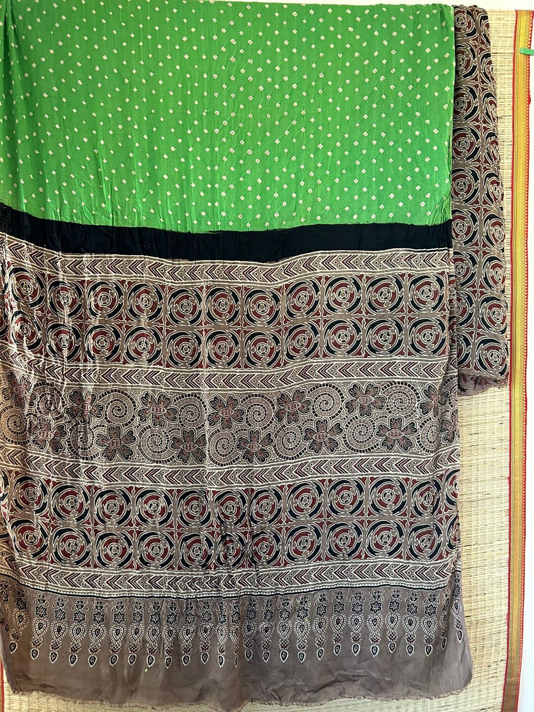 Parrot Green With Brown Ajrakh Print Silk Saree, Modal Ajrakh Saree - Etsy