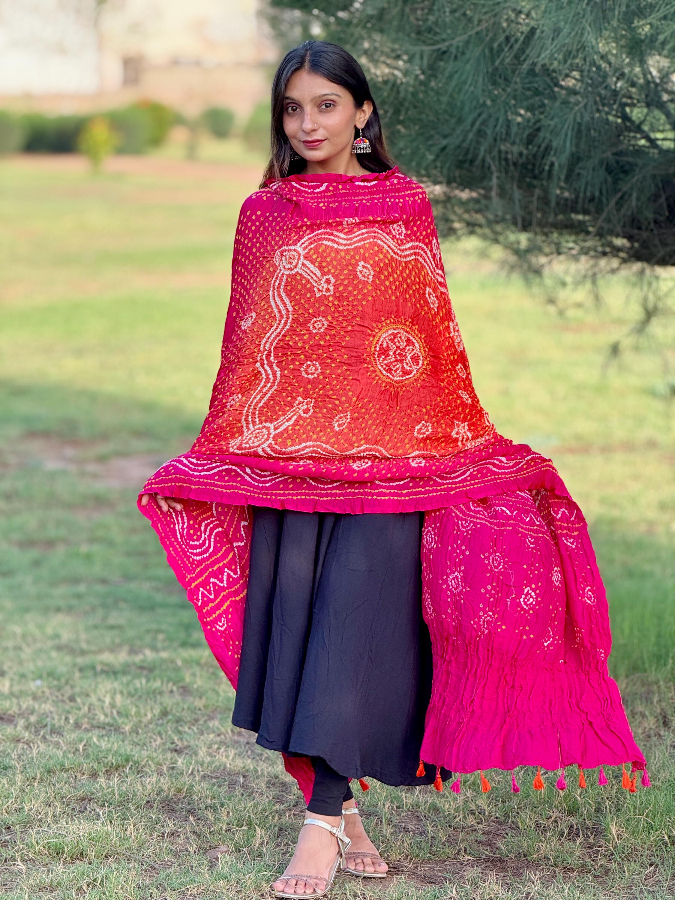 Saffron to Pink Ombre Chandrokhani Bandhani Dupatta | Pure Gaji Silk ...
