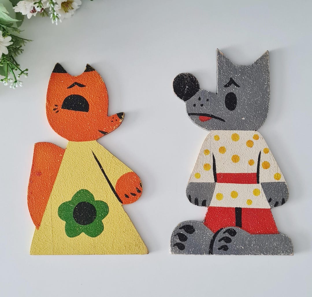 Soviet Vintage Flat Wooden Toy Fox and Wolf, Children's Puppet Theater ...
