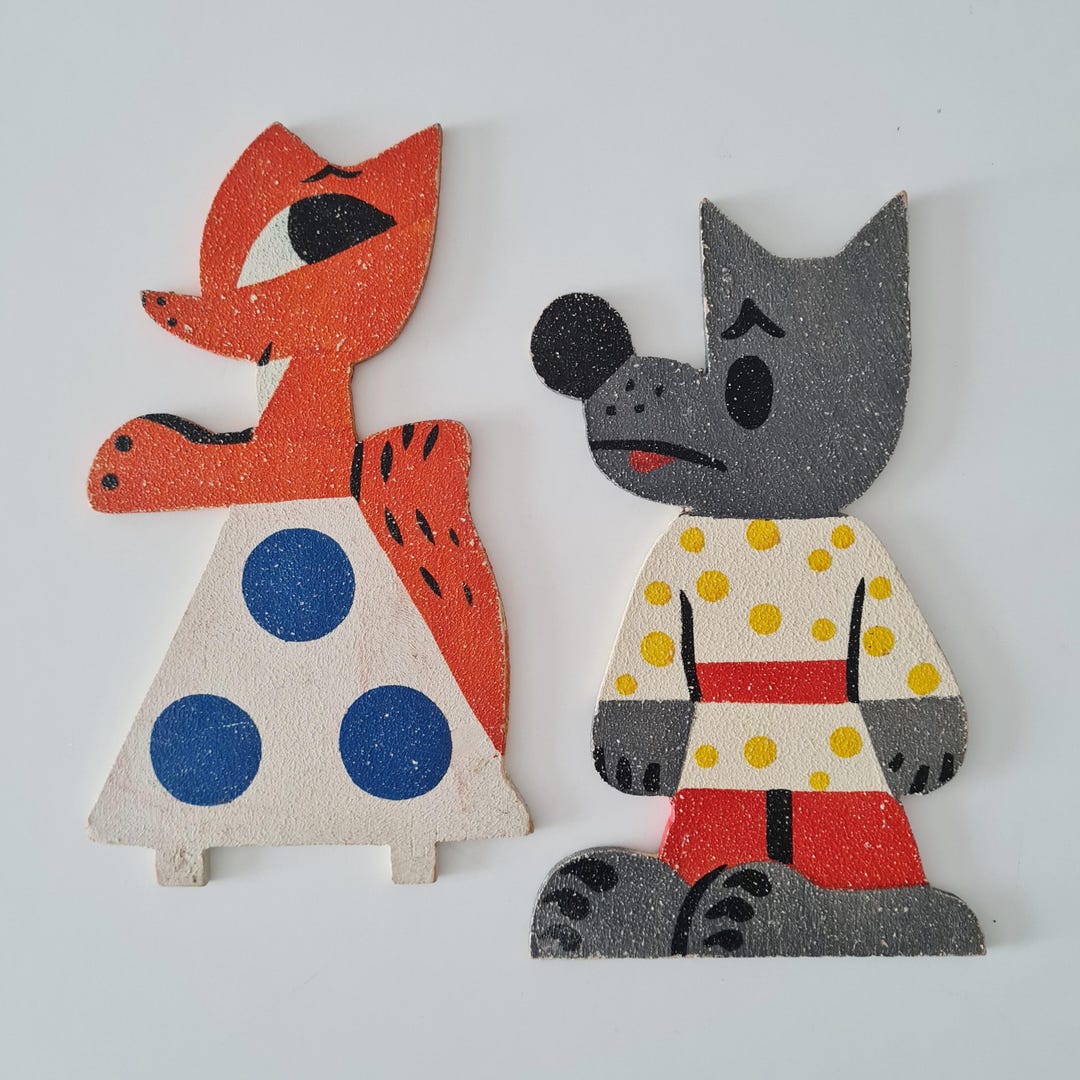 Soviet Vintage Flat Wooden Toy Fox and Wolf, Children's Puppet Theater ...