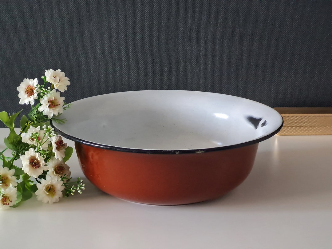 Brown Enamel Bowl, Vintage Enamelware, Farmhouse Decor, Large Size Bowl ...