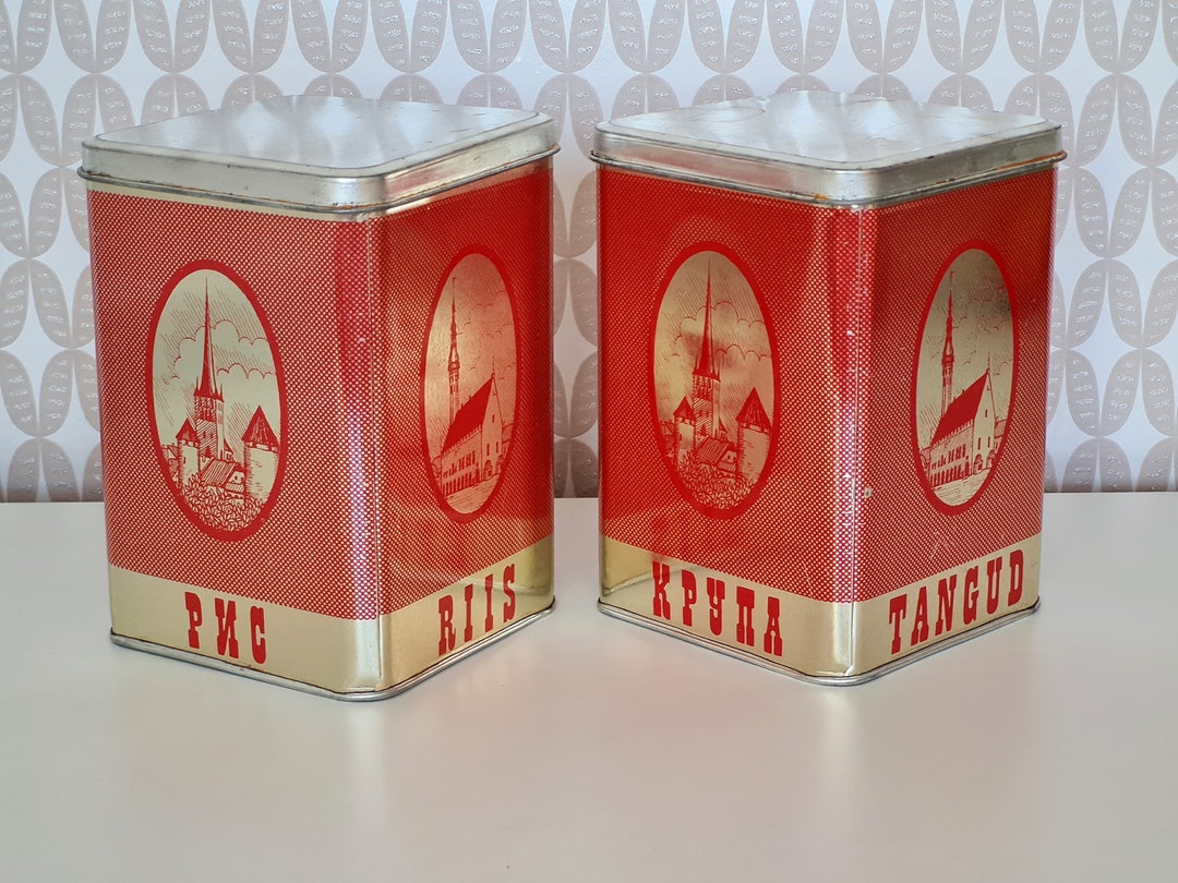 Soviet Vintage Canisters, Pair of Kitchen Lidded Tin Boxes, Red Middle ...