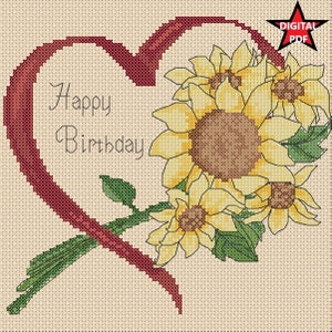 Happy Birthday Sunflowers Digital Download PDF Cross Stitch Chart - Etsy