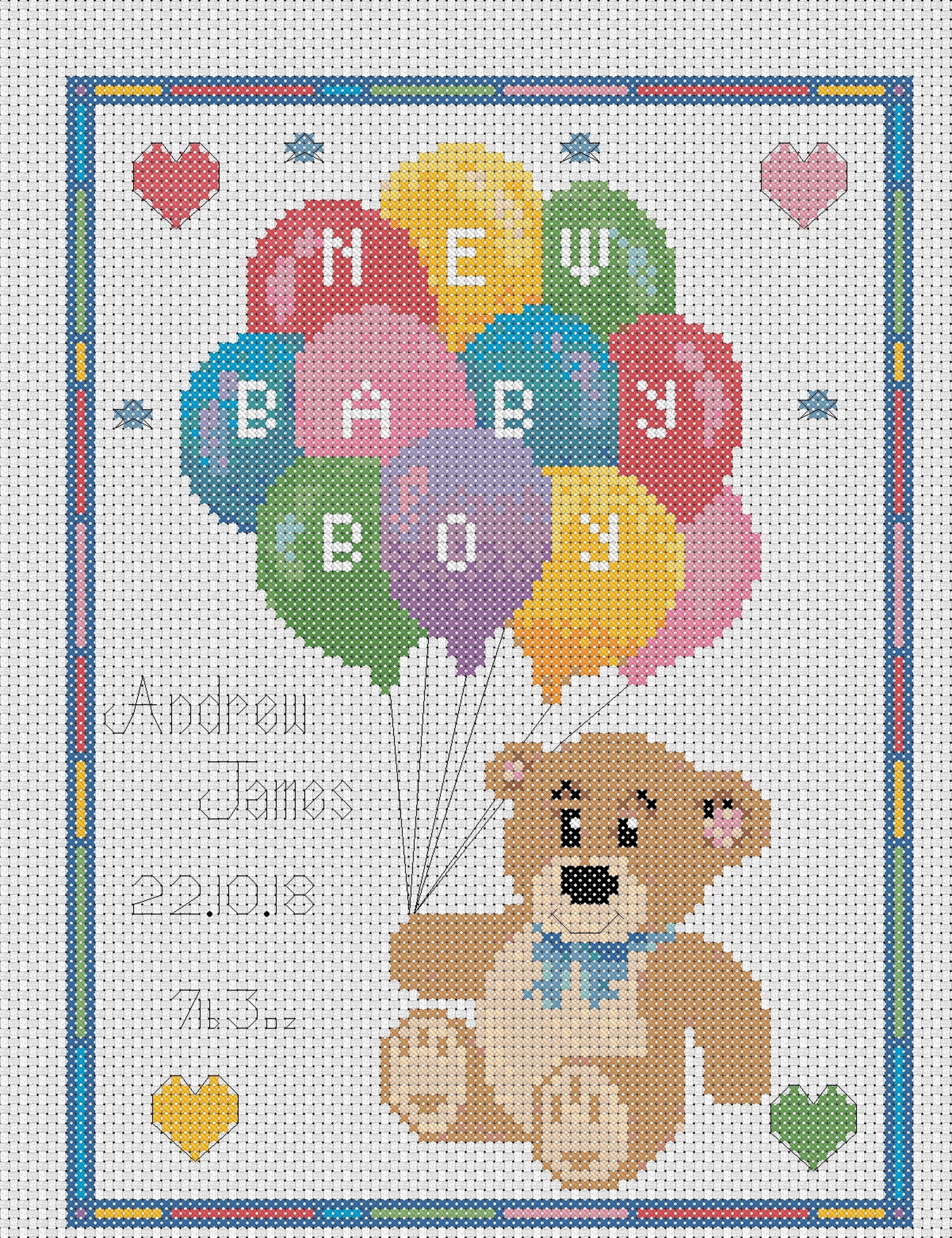 PDF Cross Stitch Chart New Baby Birth Sampler Balloon Bear | Etsy
