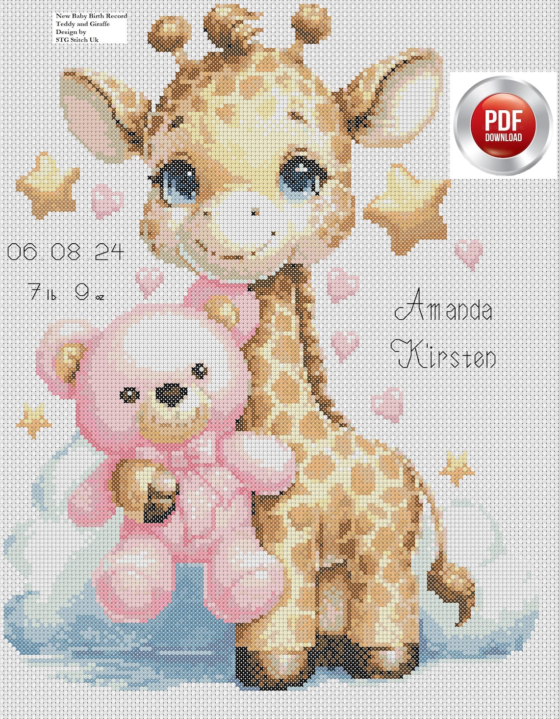 Teddy and Giraffe Birth Record - New Baby Girl - Digital Download PDF ...