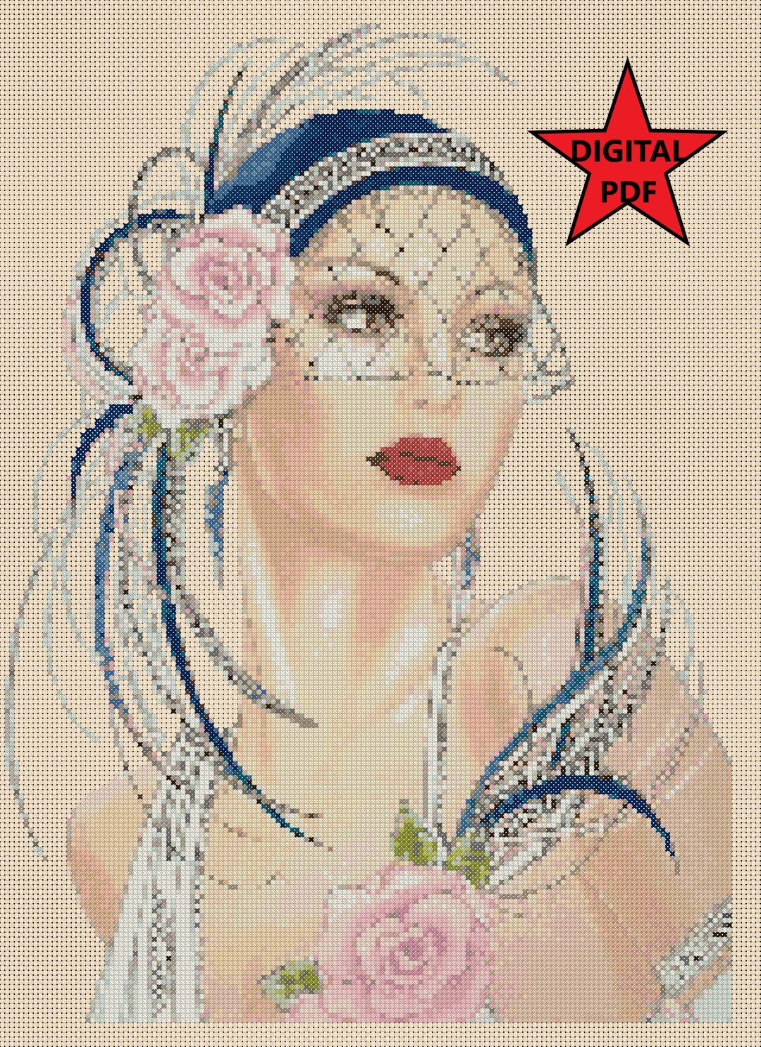 Electronic Printable PDF Cross Stitch Chart Art Deco Lady No. 3 Blue - Etsy