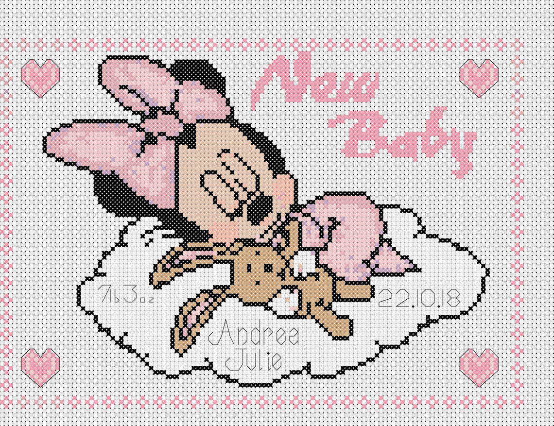 PDF Cross Stitch Chart Minnie Mouse New Baby Birth Sampler | Etsy