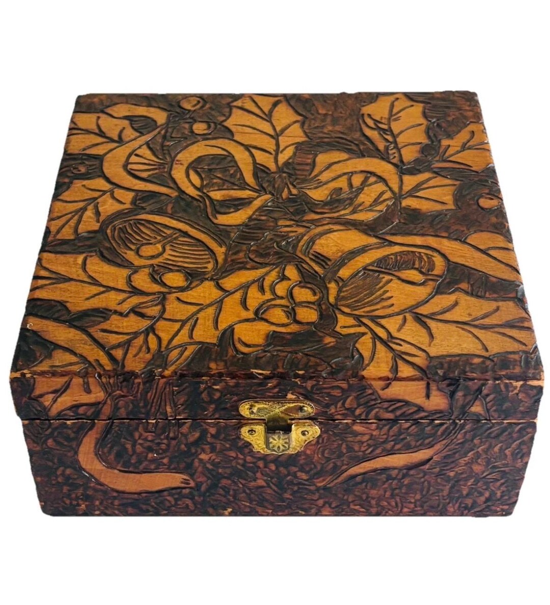 19th Century American Pyrography Box With Hand Carved Holly, Berries ...