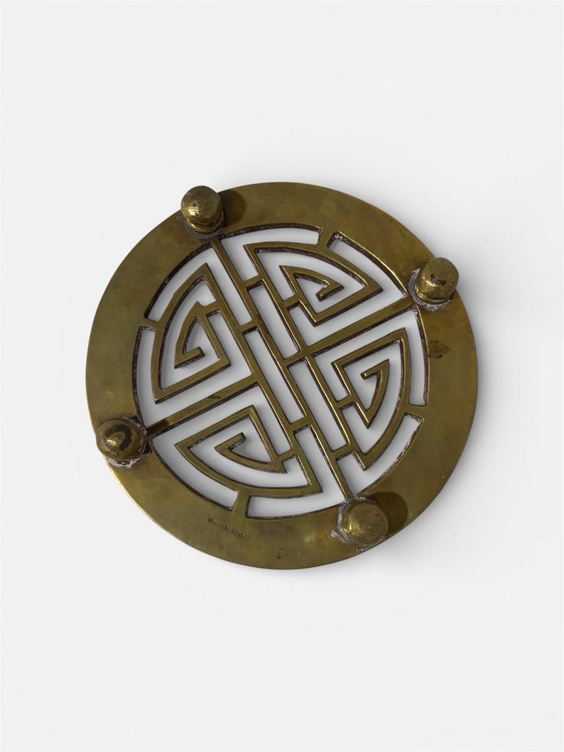 Vintage Chinese Brass Metal Shou Symbol Leaf Vine Etched Trivet Hot ...