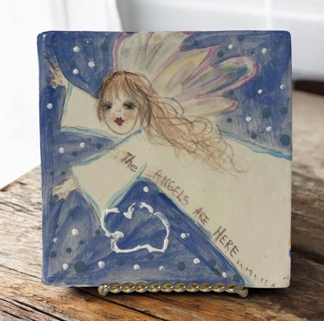 Vintage Fran Welch Hand Painted Angel Tile Trivet, Folk Art Ceramic ...