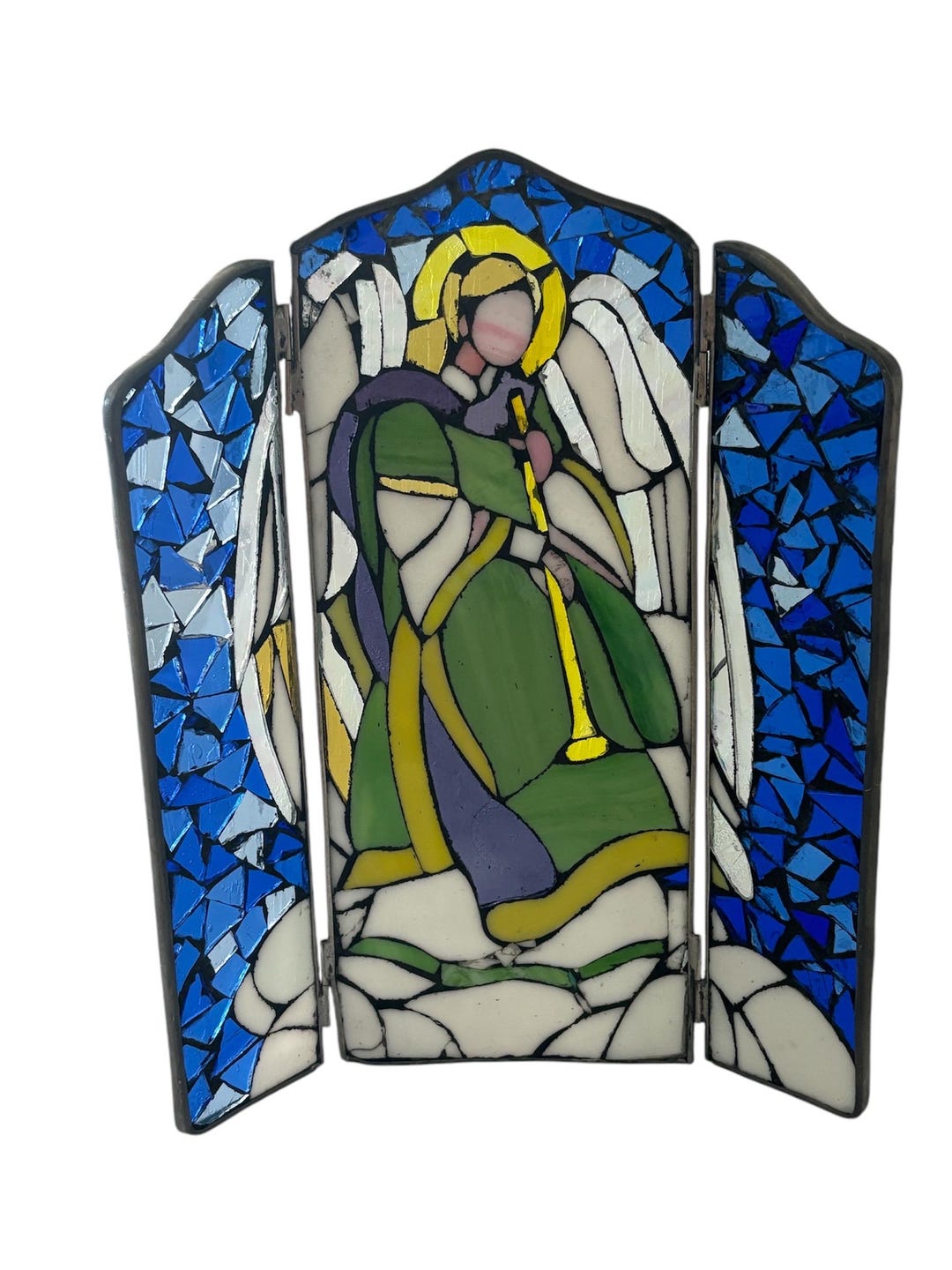 Vtg Leaded Stained Glass Tri-fold Sun Catcher Angel Playing Instrument ...