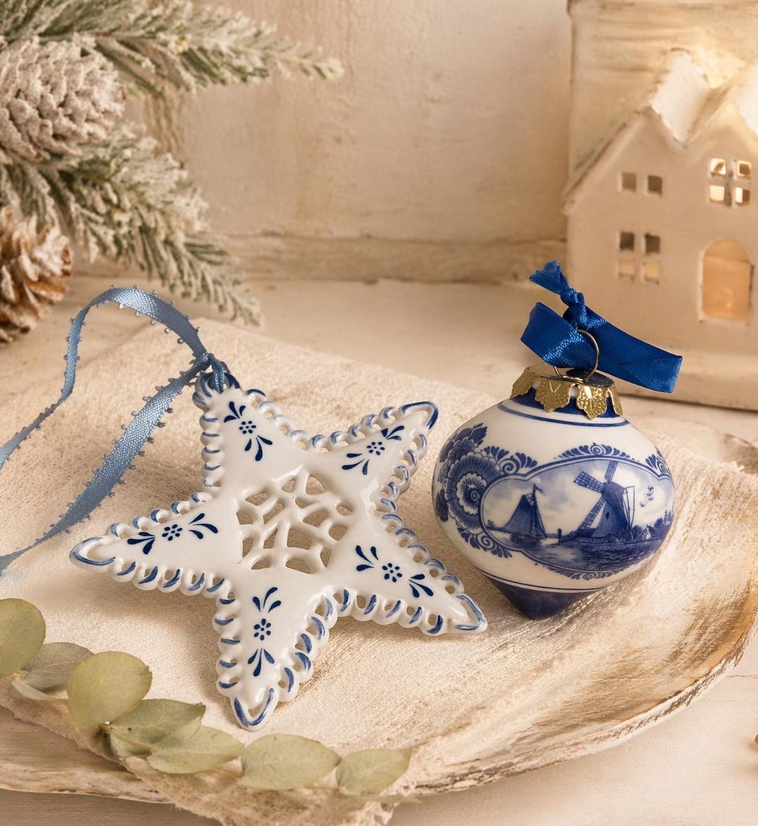 Vtg Holland Delft Blue Conical Windmill and Star Christmas Ornaments ...