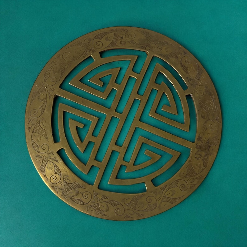 Vintage Chinese Brass Metal Shou Symbol Leaf Vine Etched Trivet Hot ...