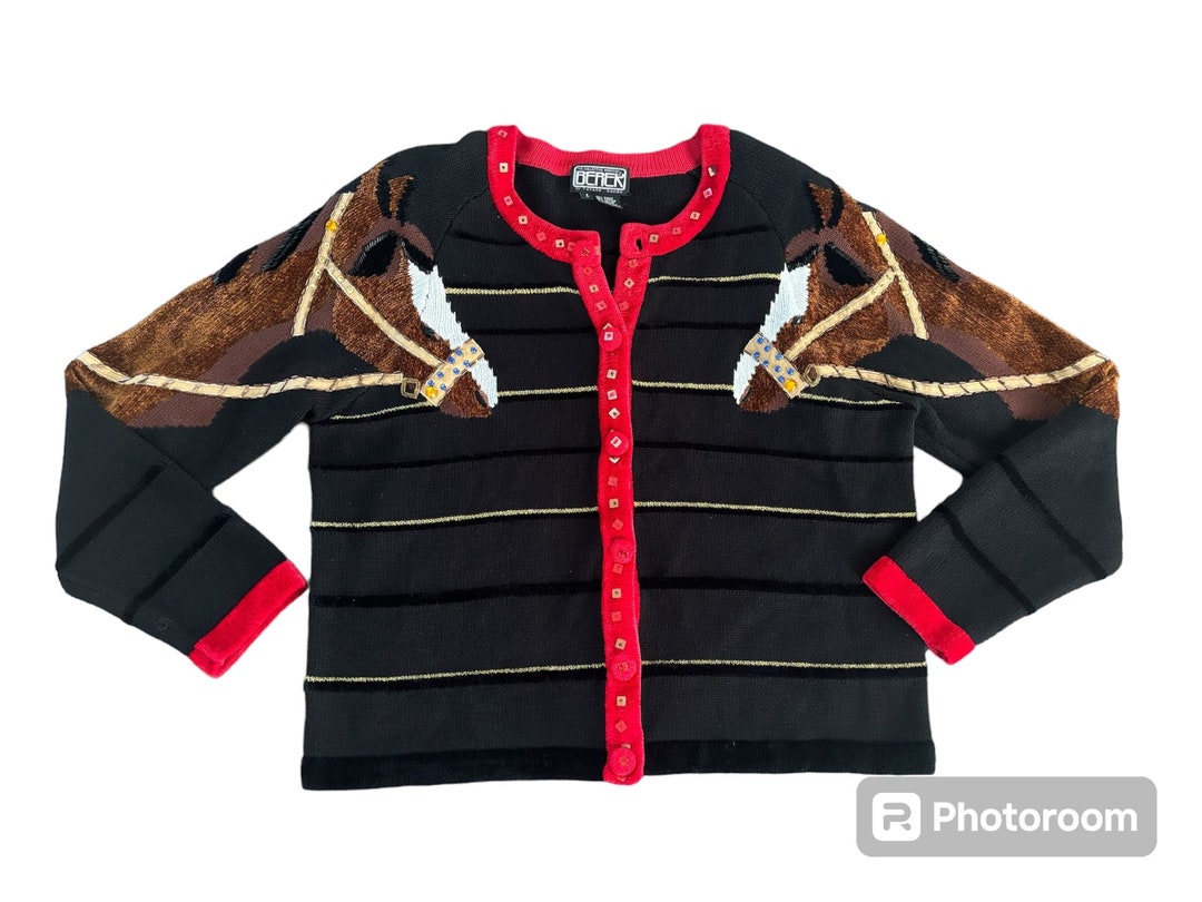 Vintage 90s Berek Beautiful Horse Theme Cardigan Sweater Womens Size ...