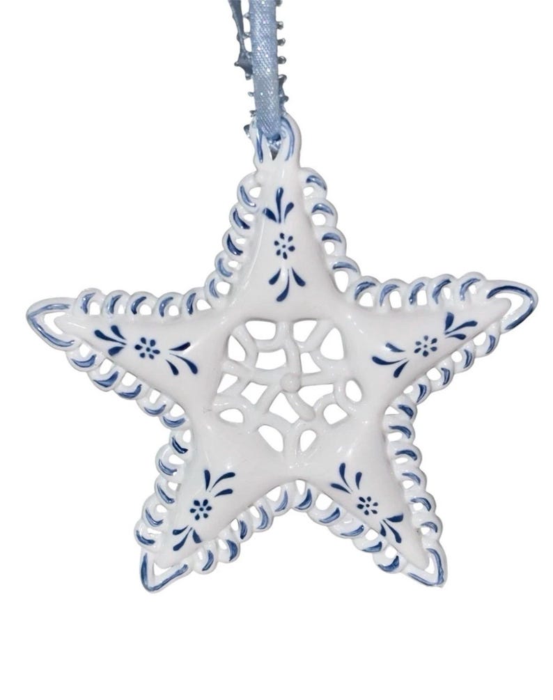 Vtg Holland Delft Blue Conical Windmill and Star Christmas Ornaments ...
