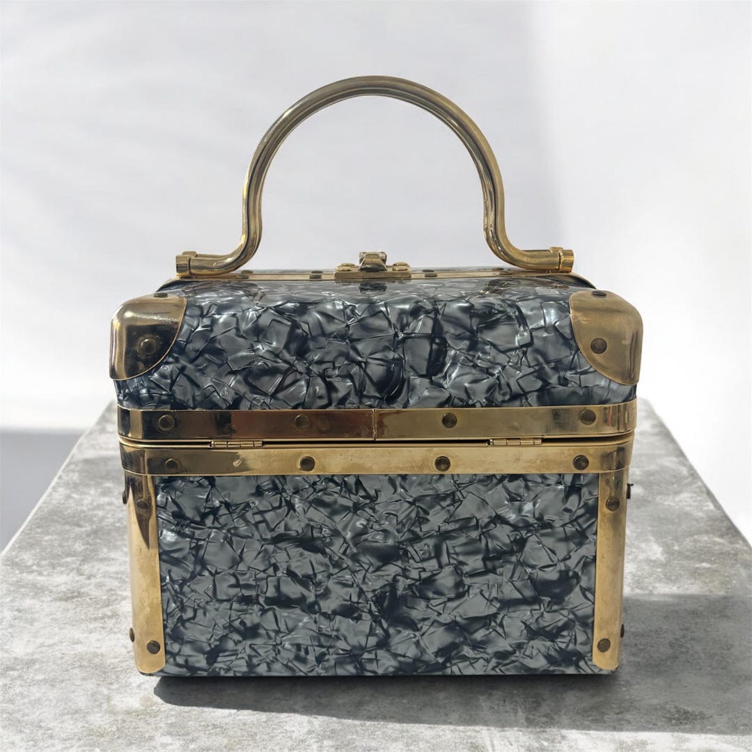Vtg 50’s Blue Faux Marbled Print Train Case Vanity Box Purse Gold Tone ...