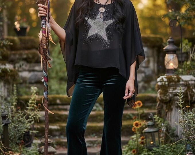 Vintage Sheer Black Rhinestone Star Cape Top / Dramatic Chiffon Blouse ...