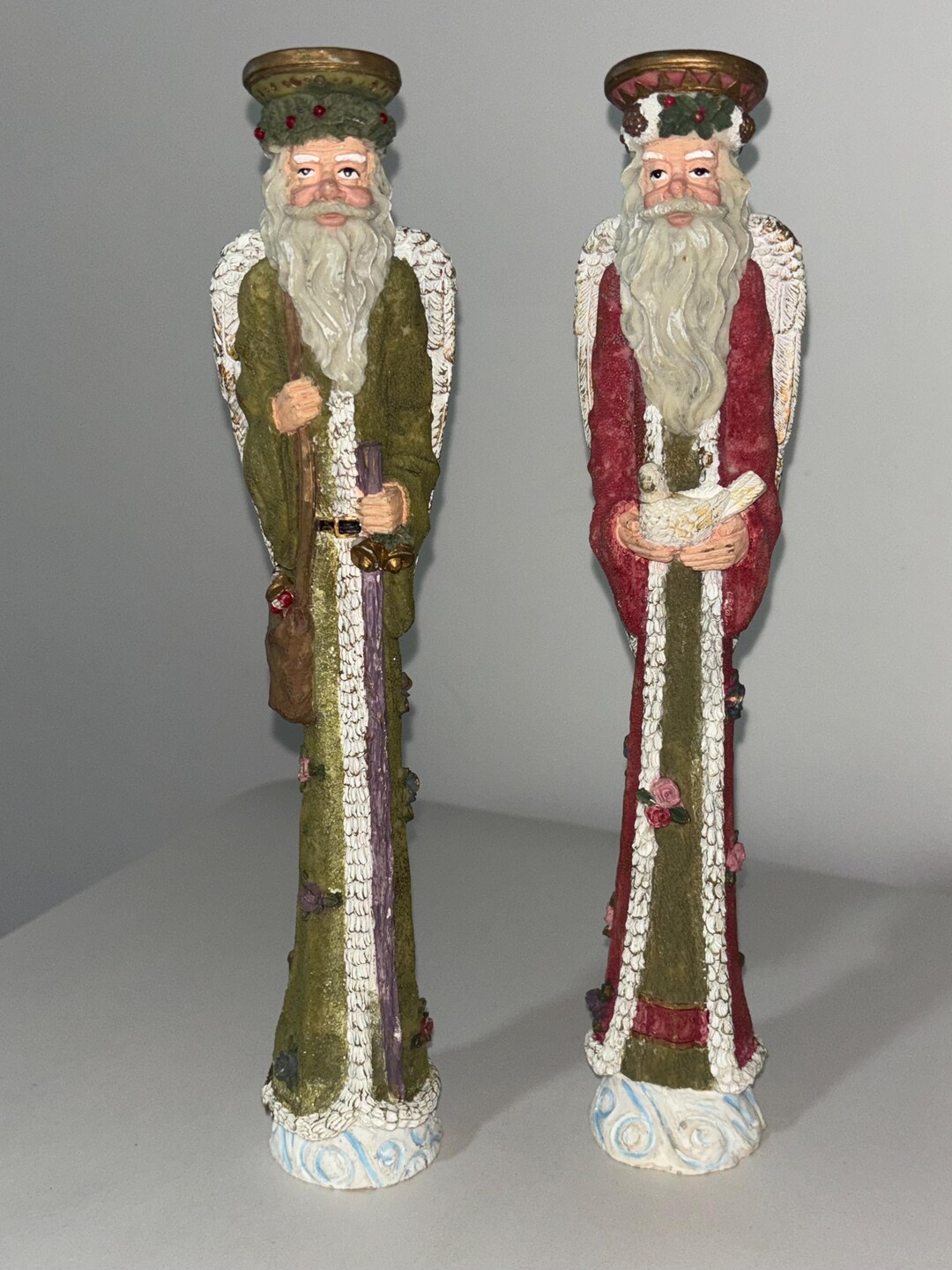 2 Vtg Pencil Slim Santa Claus Pencil Style Christmas Carved Resin ...