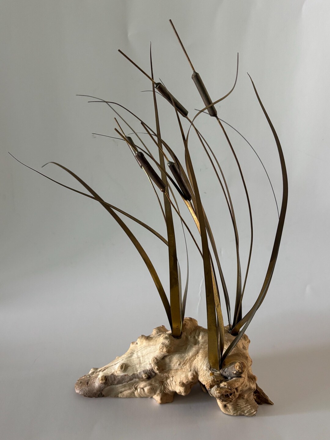 Vintage Brass Cattails Sculpture With Driftwood Base 1960s Mid Century ...