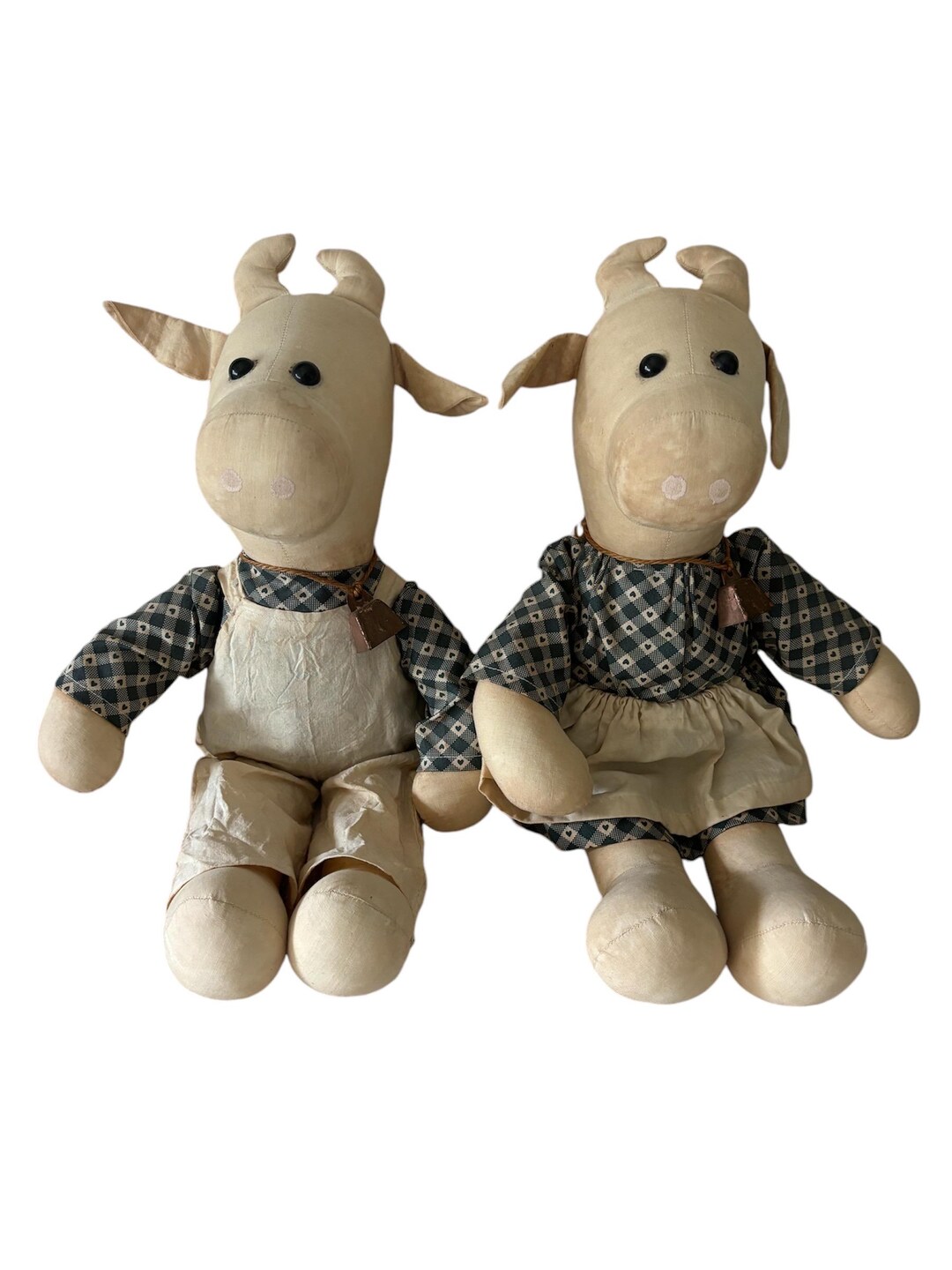 Vtg 80’s Primitive Tea Stained Folk Art Cow Plush W/rusty Bell Mr & Mrs ...