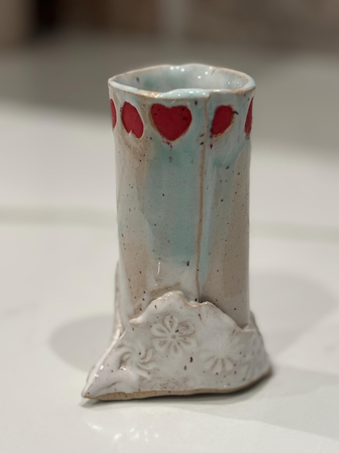Stoneware Vase Wrap Design Red Heart Border & Floral Imprint Art ...