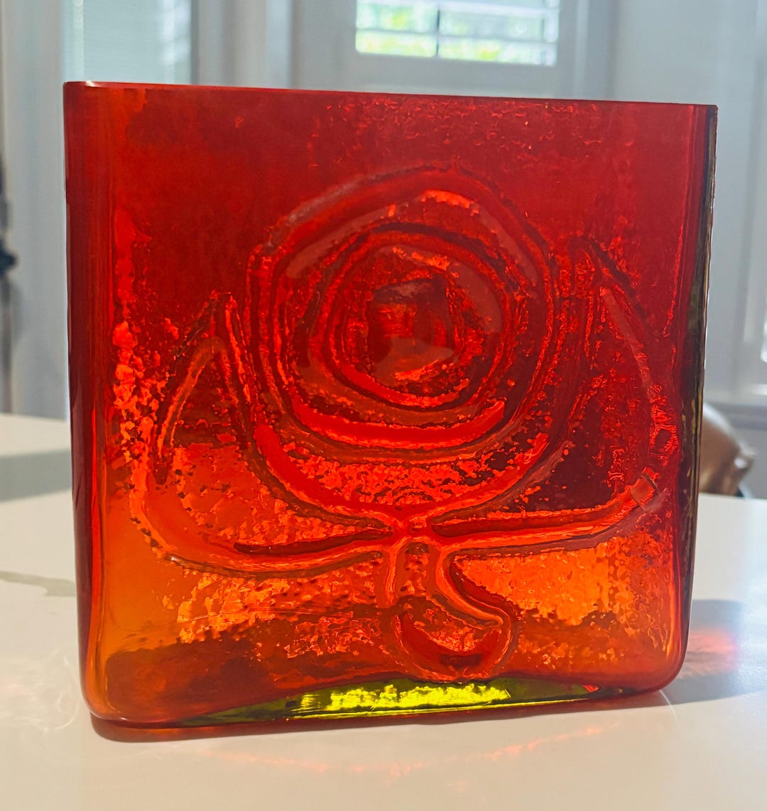 Blenko Orange/red Amberina Rose Glass Vase Rectangle Heavy - Etsy