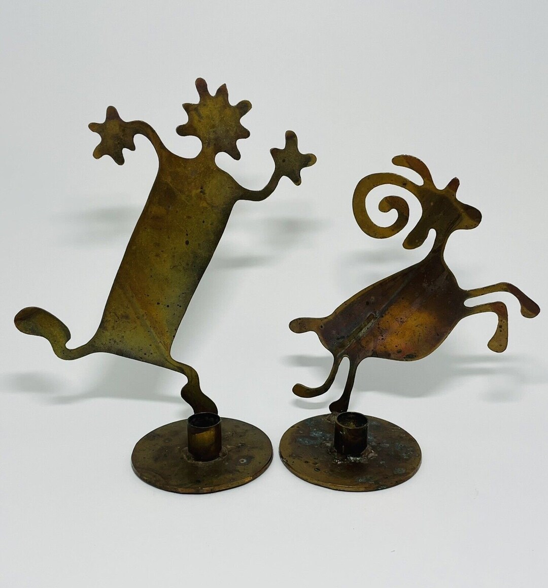 Brutalist Metal Sculptures Kokopelli Man Ram Goat Tapered Candleholders ...
