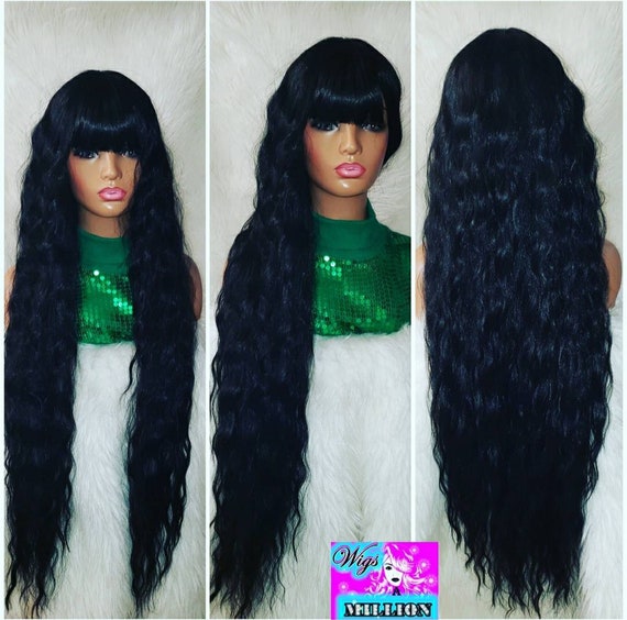Jayla Black Wavy Wig With Bangs Heat Resistant 38 - Etsy