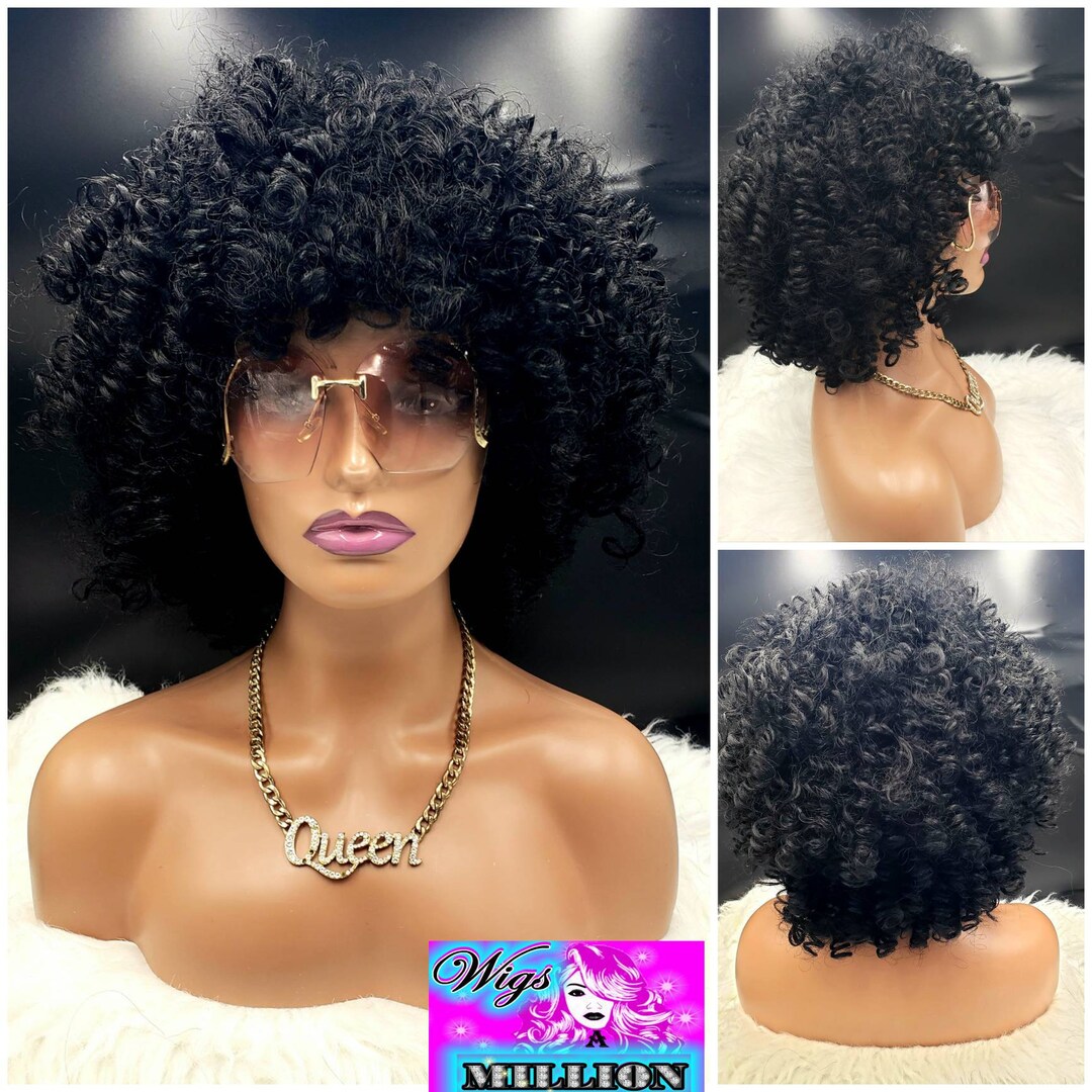 Monica Black Curly Bob Wig, Black Synthetic Wig, Full Cap Wig, Glueless ...