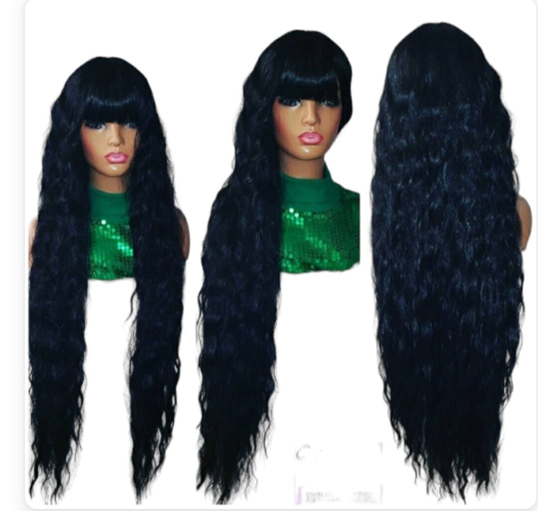 Jayla Black Wavy Wig With Bangs, Heat Resistant, 38 Inches Full Cap ...