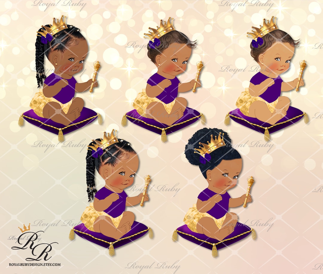 Royal Princess Sitting Girl Purple Gold Braids African American Baby ...