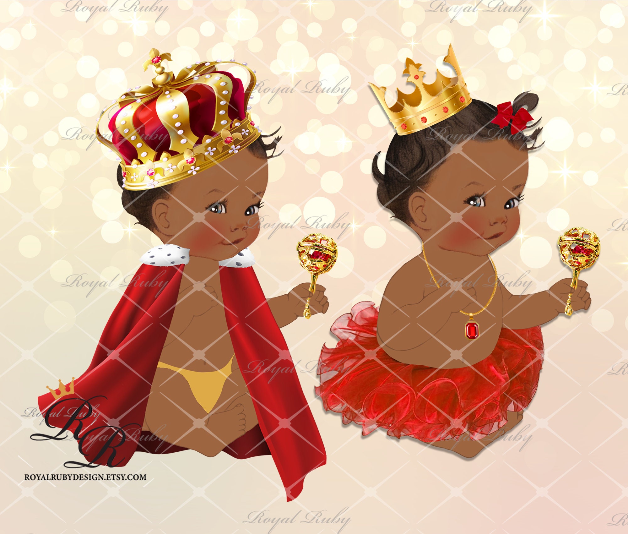 Princess Girl and Prince Boy Red Gold | Dark Skin | African American ...