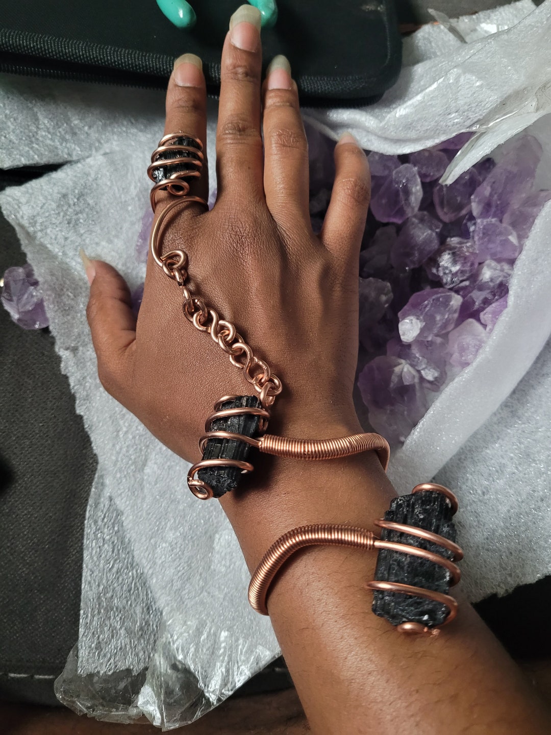 Black Tourmaline and Copper Hand Adornment for Protection/cleansing - Etsy