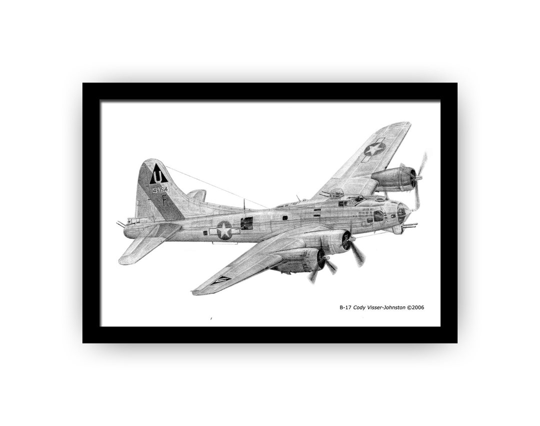 B-17 Flying Fortress WWII Allied Bomber Pencil Drawing 5"x7" Print ...