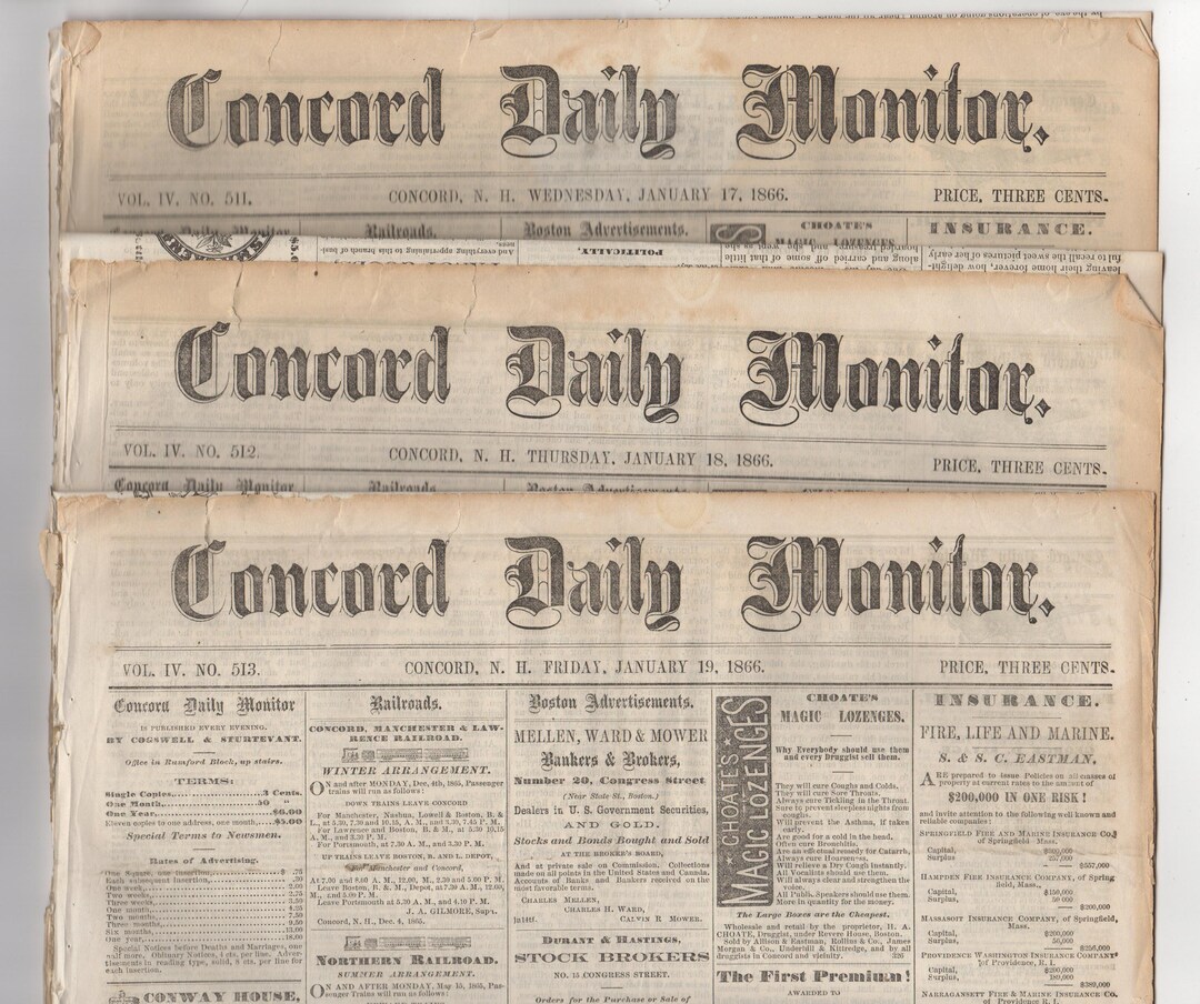 Lot of 3 - 1866 Concord Daily Monitor Newspaper - 3 Consecutive Dates ...