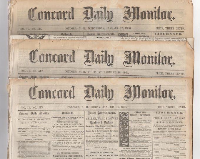 Lot of 3 - 1866 Concord Daily Monitor Newspaper - 3 Consecutive Dates ...