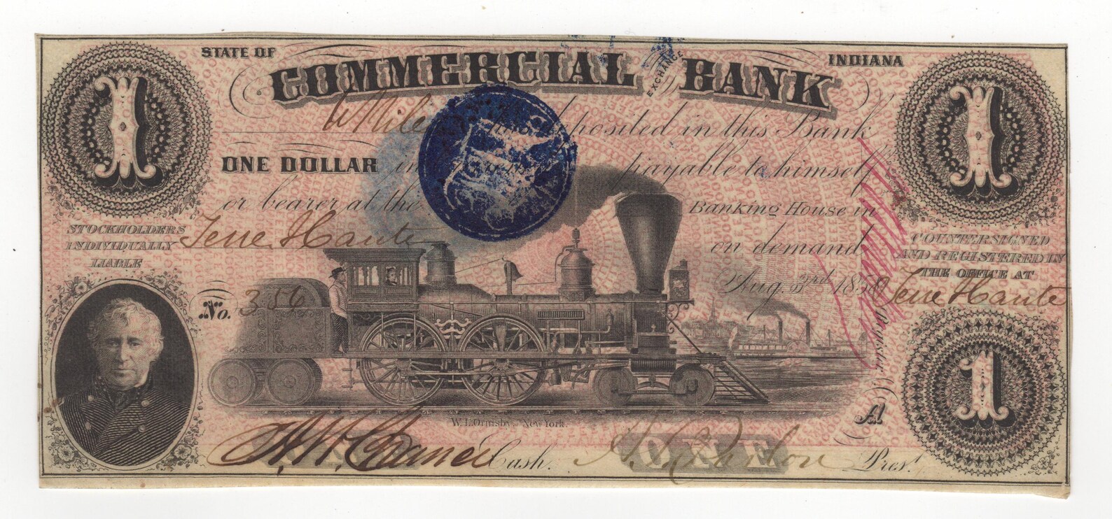 1858 One Dollar the Commercial Exchange Bank - Terre Haute INDIANA Note (ormsby Printed) - Etsy