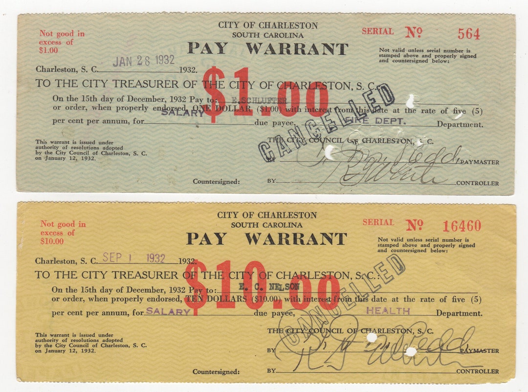 Pair of 2 - 1932 the City of Charleston, SOUTH CAROLINA Pay Warrants - Etsy