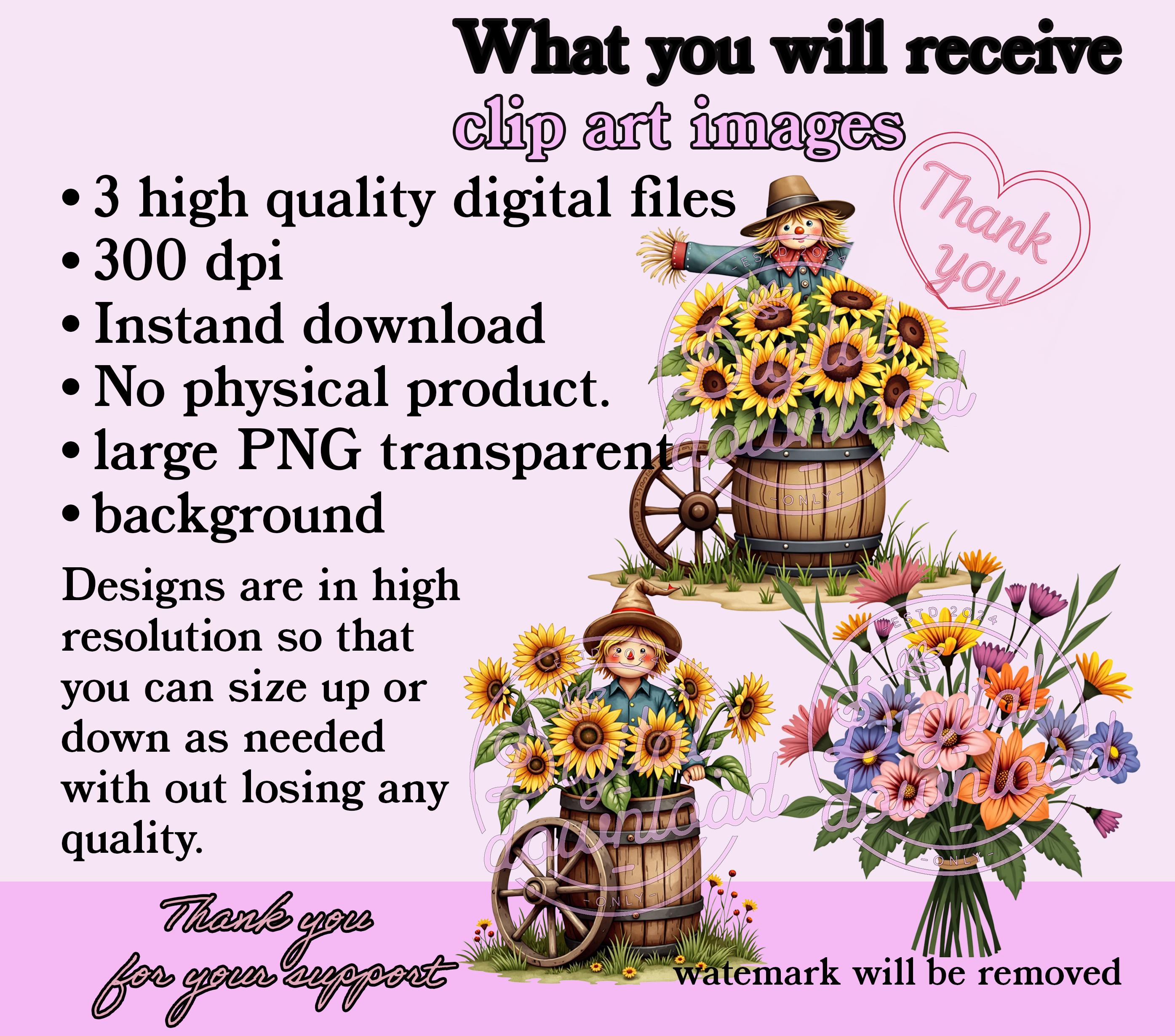 Sunflower Scarecrow Clipart: Wildflower PNG Graphics (digital Download ...