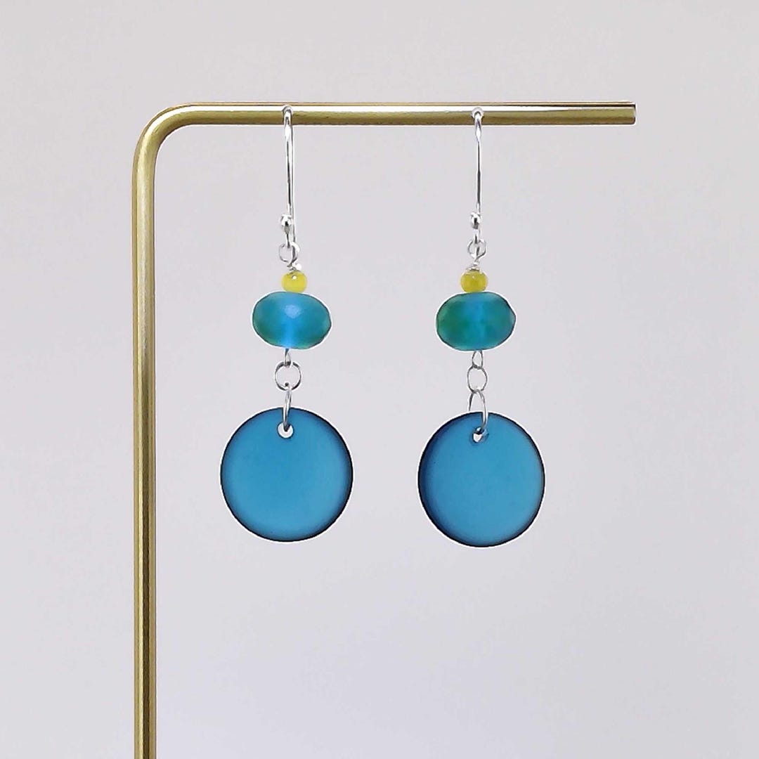 Sterling Aqua Disk Earrings: Vintage Green, Blue Luminescent Beads ...
