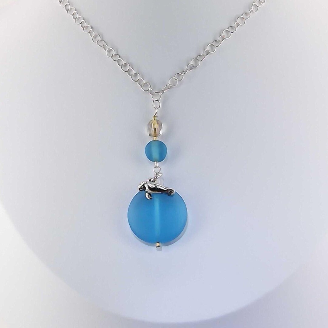 Baby Manatee Sterling Charm Necklace: Aqua Blue and Crystal Glass Beads ...