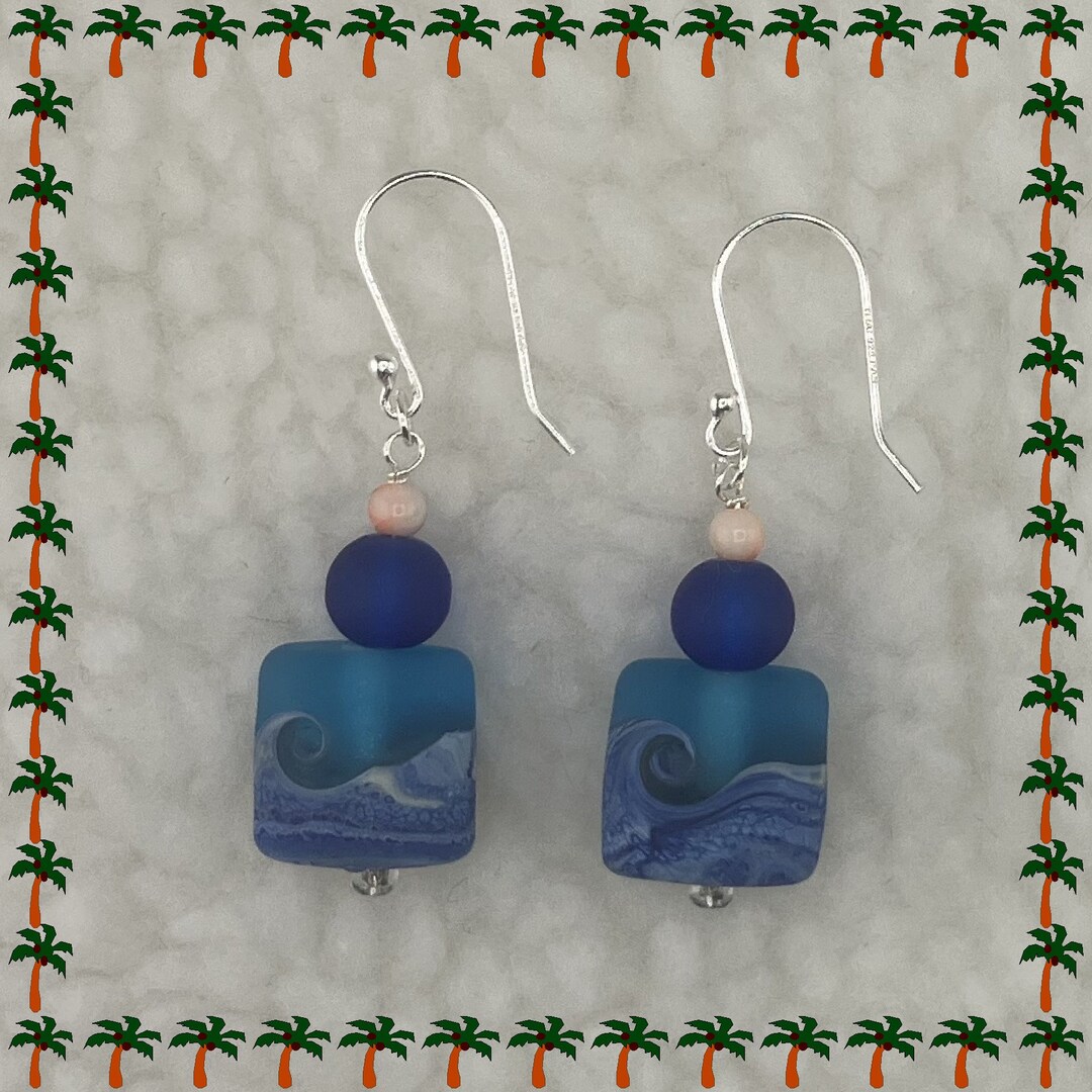 Shades of Blue Ocean Wave Pattern Lampwork Bead Sterling Silver ...