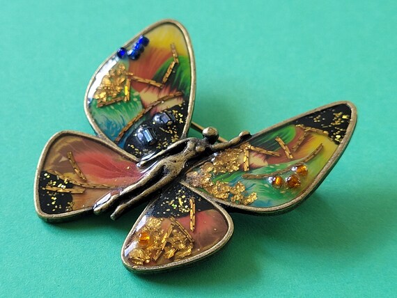 Fused art glass butterfly brooch. - Gem