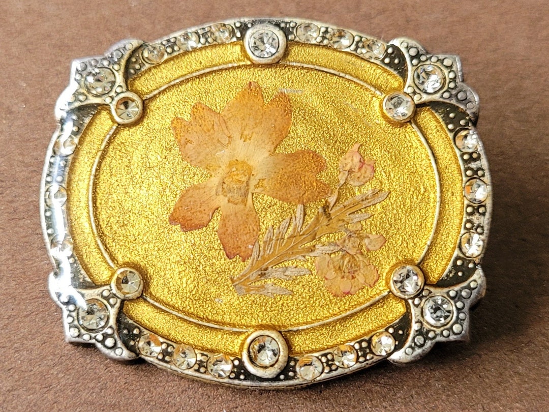 Pierre Bex Dried Flowers, Gold Enamel and Clear Rhinestone Brooch. - Etsy