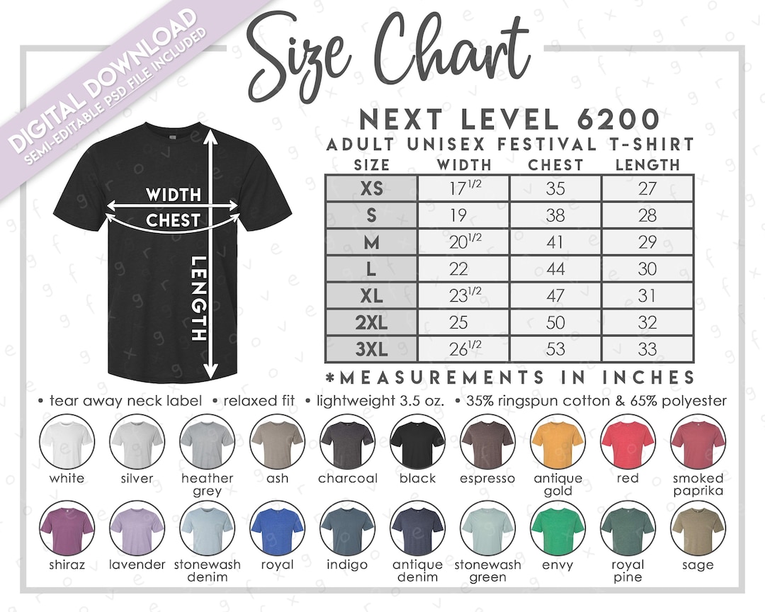 Semi-editable Next Level 6200 Size + Color Chart • Next Level Size ...