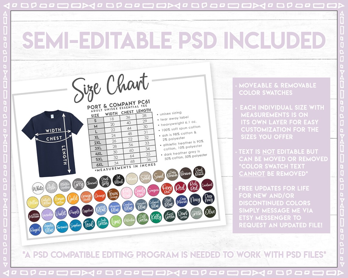 Semi-editable Port & Company PC61 Size Color Chart Adult - Etsy