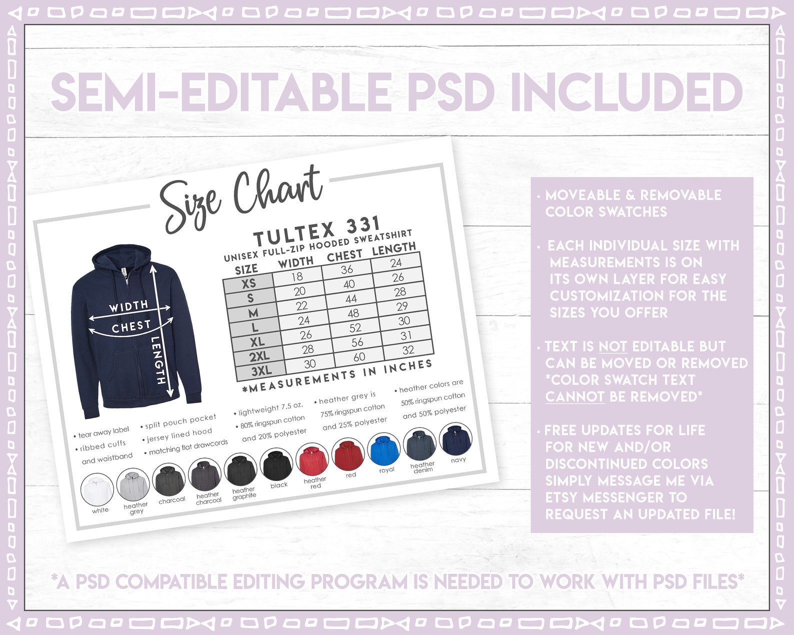 Semi-editable Tultex 331 Size Chart + Color Chart • Tultex Full Zip ...