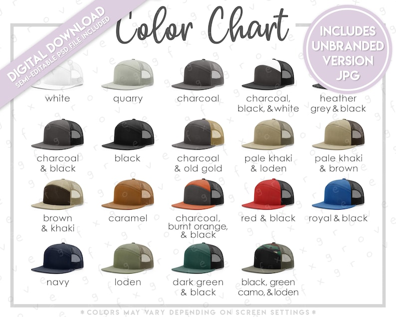 Semi-editable Richardson 168 Color Chart • Richardson 7 Panel Trucker ...