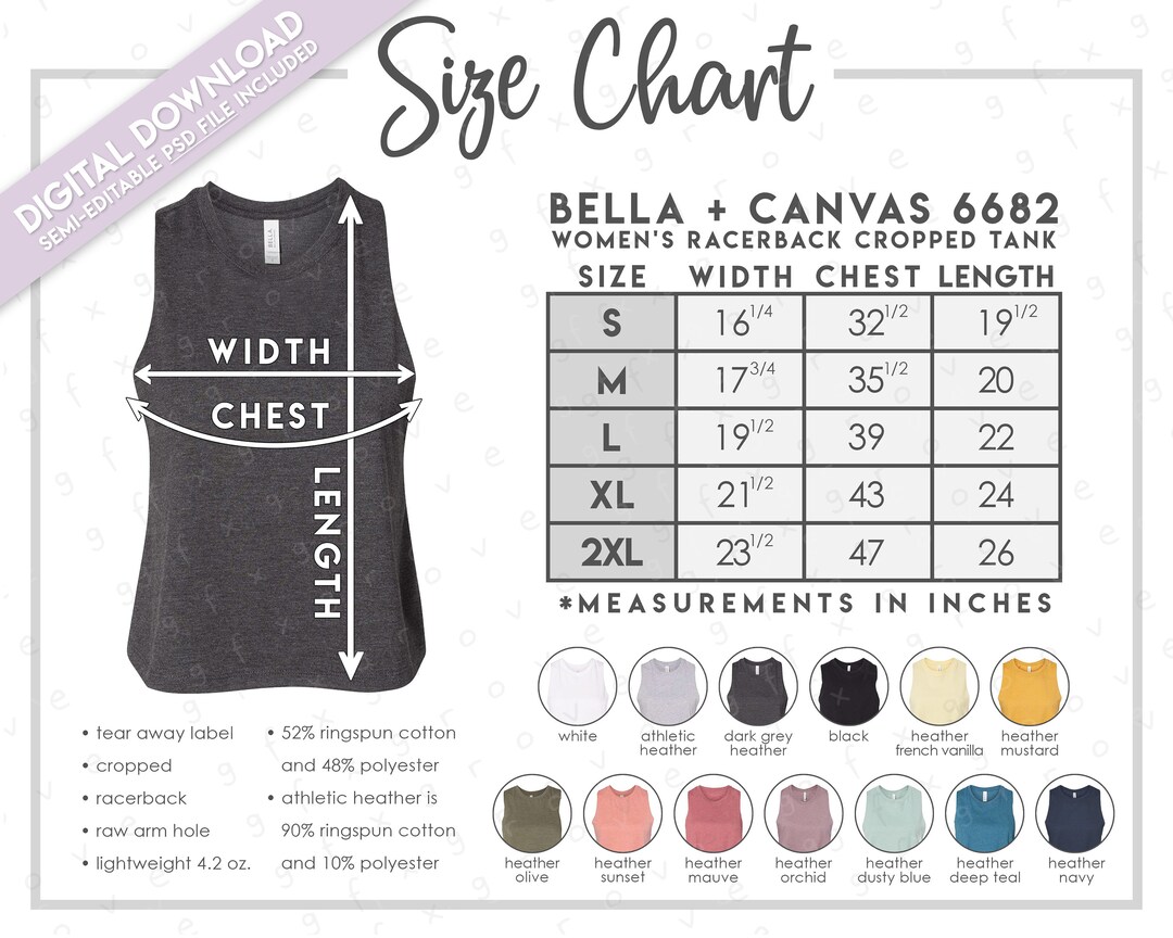 Semi-editable Bella + Canvas 6682 Size + Color Chart • Bella Canvas ...
